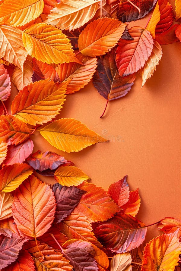 Autumn Foliage Viewed from Above on Orange Background with Generous ...