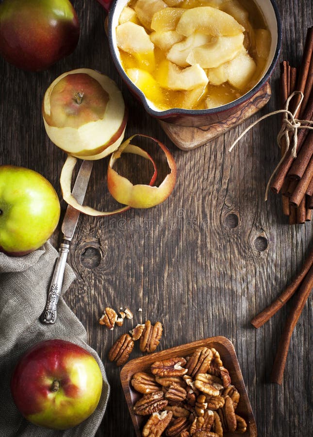 Autumn Food Background with Apples, Spices and Nuts. Ingredients Stock ...