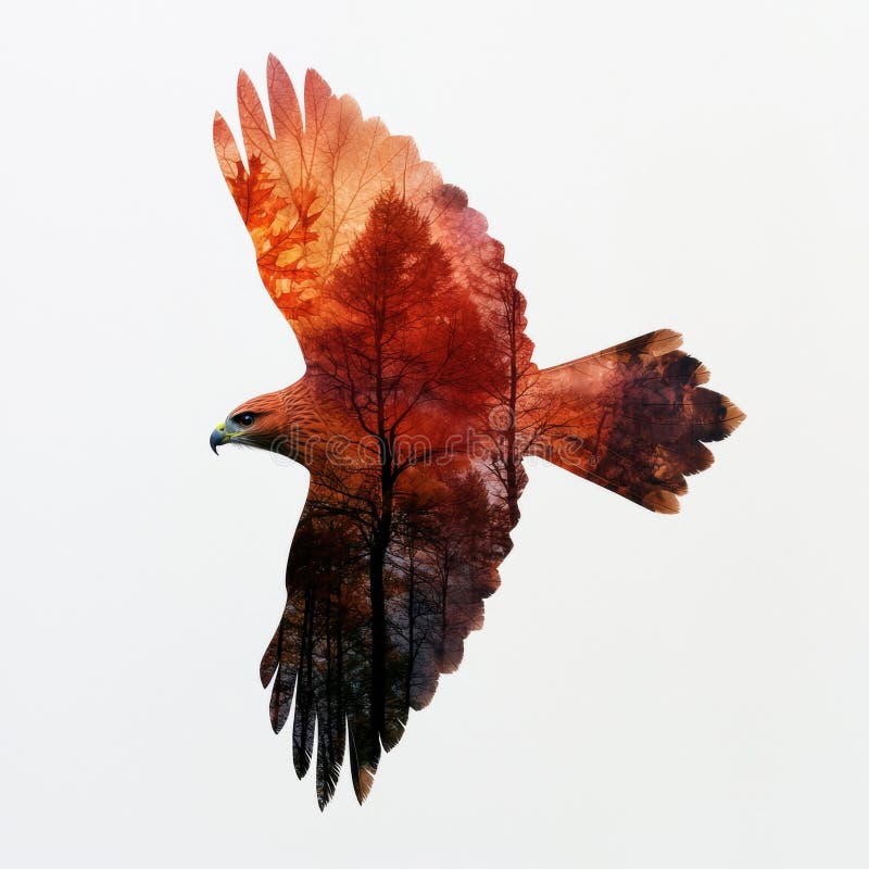 Double Exposure Art of Bird Flying Over Evergreen Forest Stock Photo ...