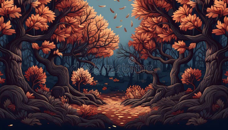 Pixelated Backdrop of an Autumn Forest with Twisted Trees and Falling ...