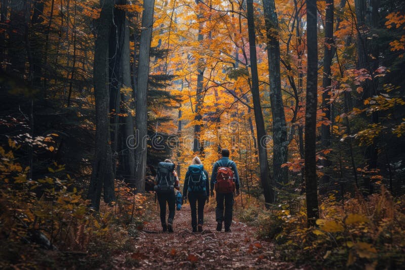 Autumn Forest Hike Three Friends Exploring Scenic Fall Foliage Trail ...