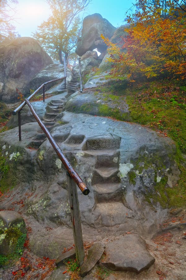 Autumn Forest in the Mountains and Stairs in Rock Stock Photo - Image ...