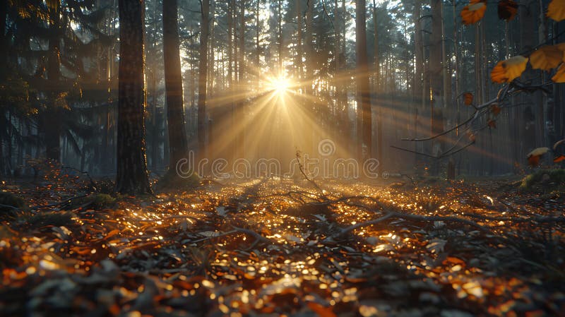 Autumn Forest Nature. Bright Morning in Colorful Forest with Sun Rays ...