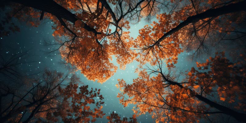 Autumn Forest at Night and Starry Sky. Fall Orange Foliage Under Stars ...