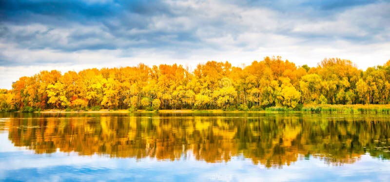 Autumn Forest Panorama on River Stock Photo - Image of foliage, nature ...