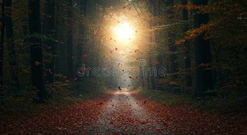 Autumn Forest Path with Falling Leaves and Sunlight Stock Illustration ...