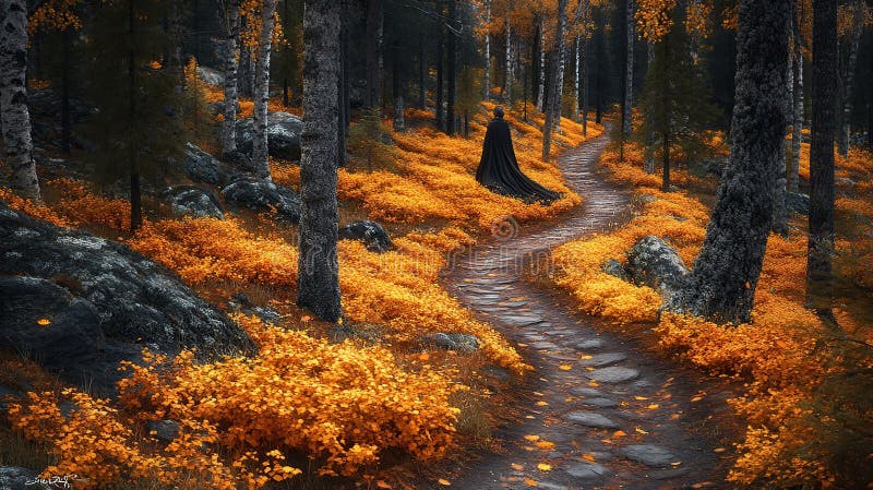 Autumn Forest Path with Figure in Black Cloak Stock Illustration ...