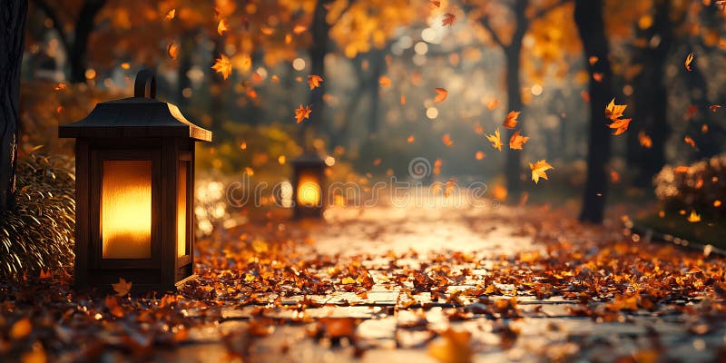 Autumn Forest Path Magical Lantern Lit Scene Stock Illustration ...