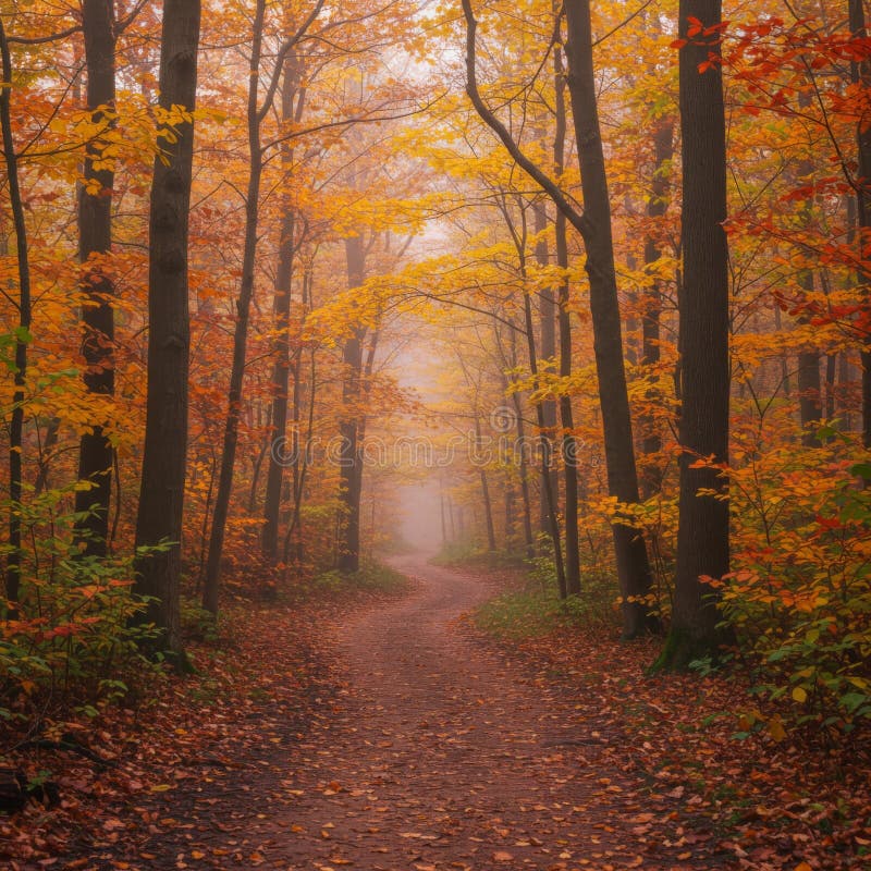 Autumn Forest Path: Misty Trail through Orange and Gold Leaves Stock ...