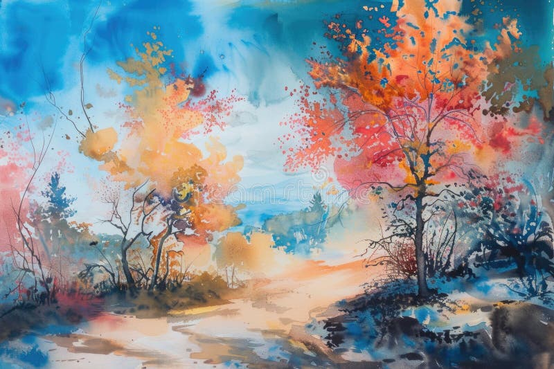 Autumn Forest Path Painted in Watercolors with Vibrant Fall Foliage and ...