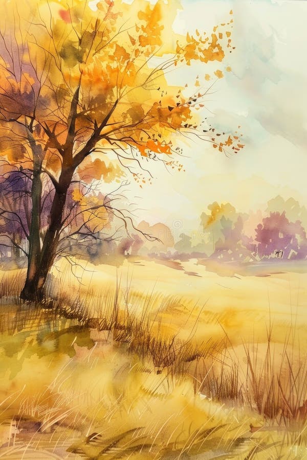 Autumn Forest Path Painted in Watercolors with Vibrant Fall Foliage and ...