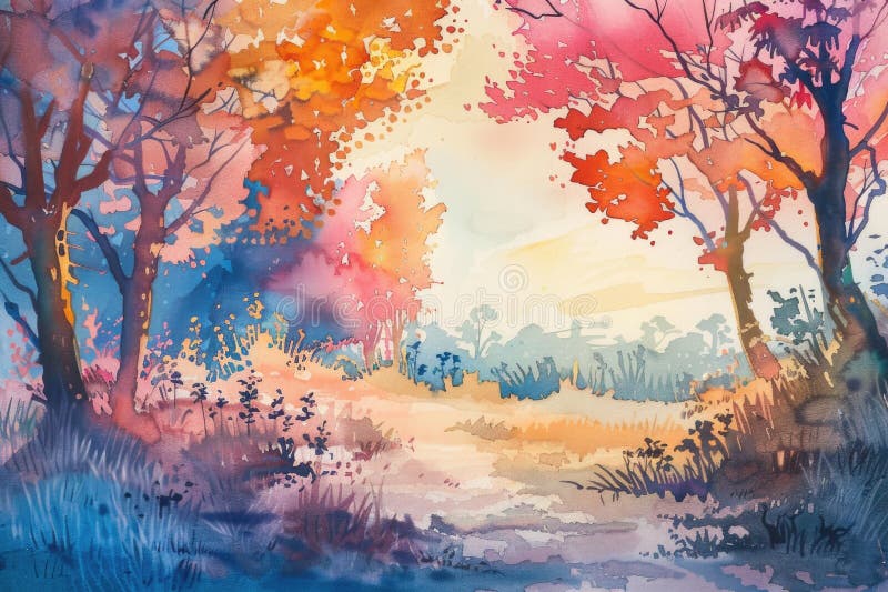 Autumn Forest Path Painted in Watercolors with Vibrant Fall Foliage and ...