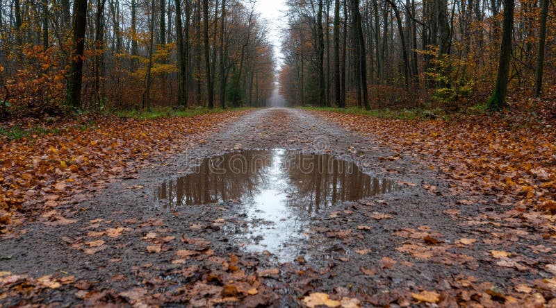 Autumn Forest Path with Puddle Reflection Stock Illustration ...