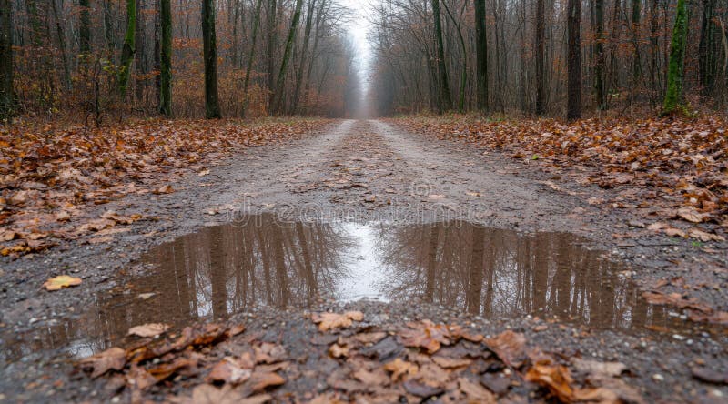 Autumn Forest Path with Puddle Reflection Stock Illustration ...
