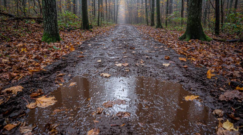 Autumn Forest Path with Puddles and Fallen Leaves Stock Illustration ...