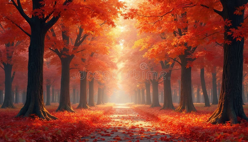 Autumn Forest with Path through Red Maple Trees. Sunlight Breaks ...