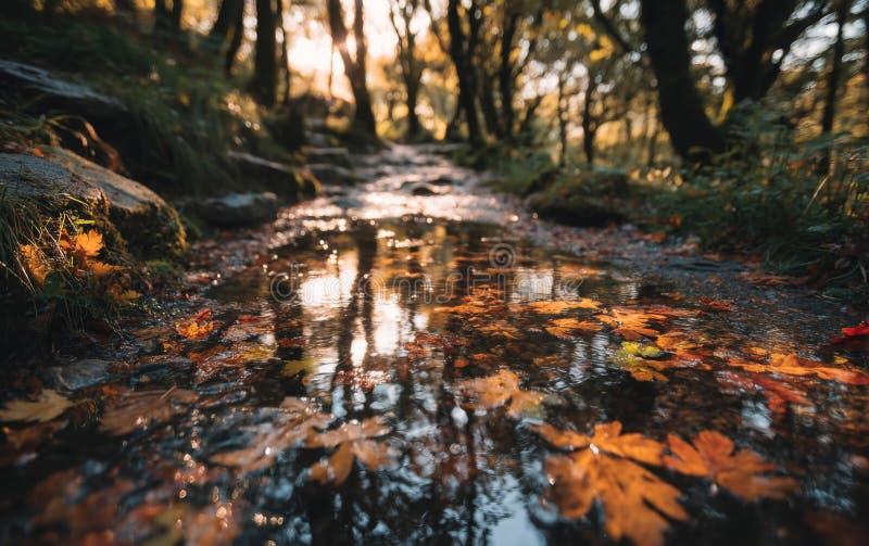 Autumn Forest Path Reflection in Puddle Stock Illustration ...