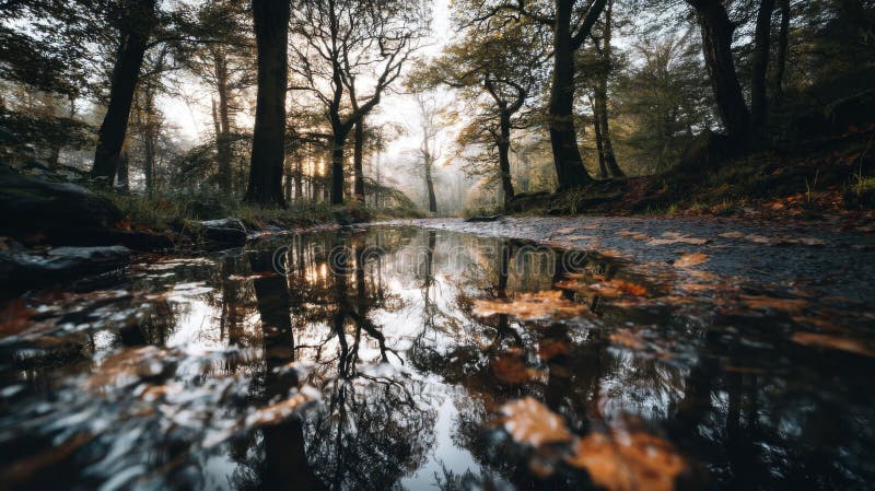 Autumn Forest Path Reflection in Puddle Stock Illustration ...