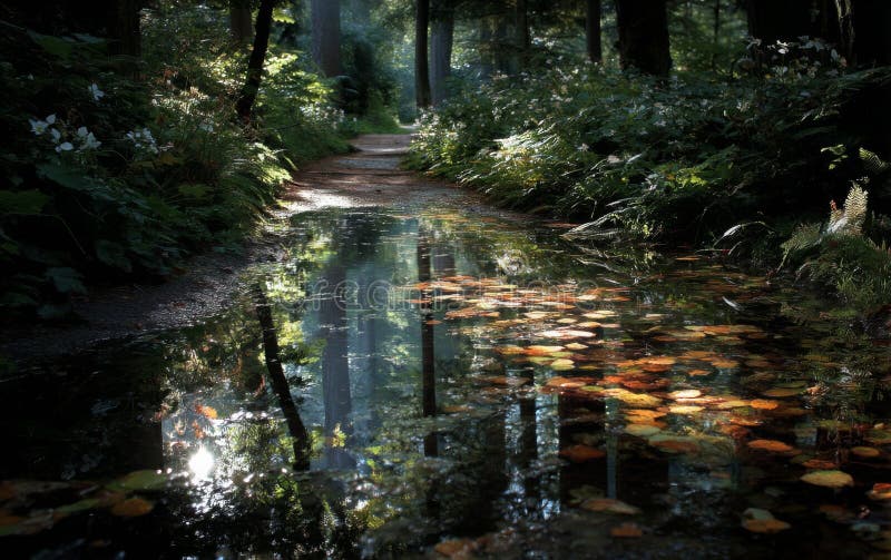 Autumn Forest Path Reflection in Puddle Stock Illustration ...