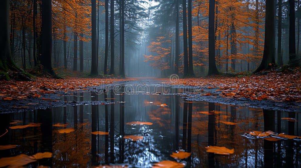 Autumn Forest Path Reflection Puddle Misty Scene Stock Illustration ...