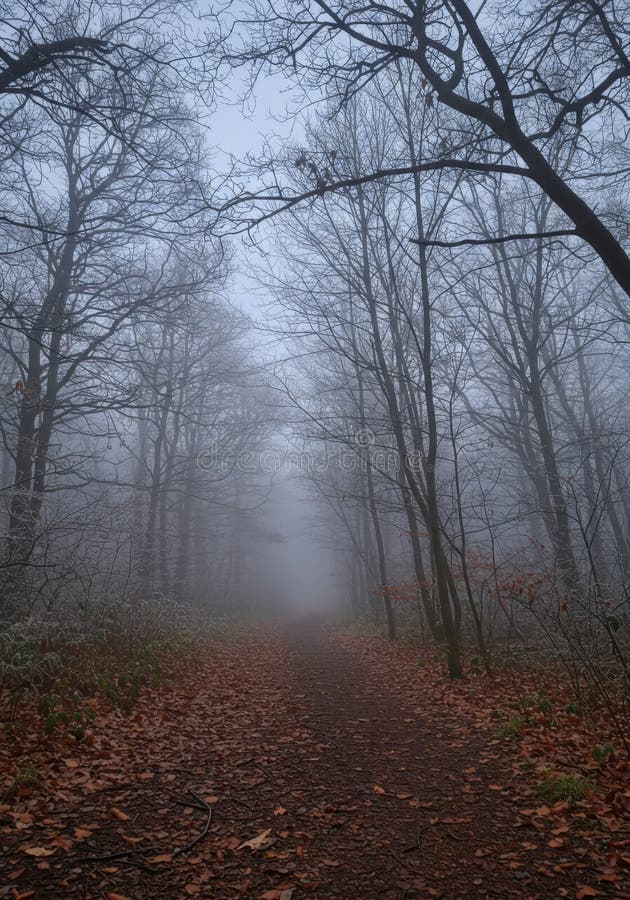 Autumn Forest Path Shrouded in Fog Stock Illustration - Illustration of ...
