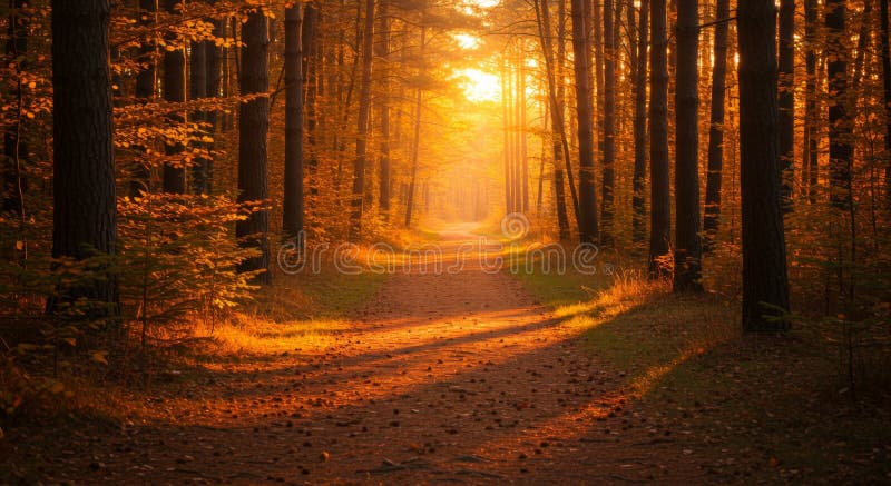 Autumn Forest Path Sunlight Golden Hour Nature Stock Illustration ...