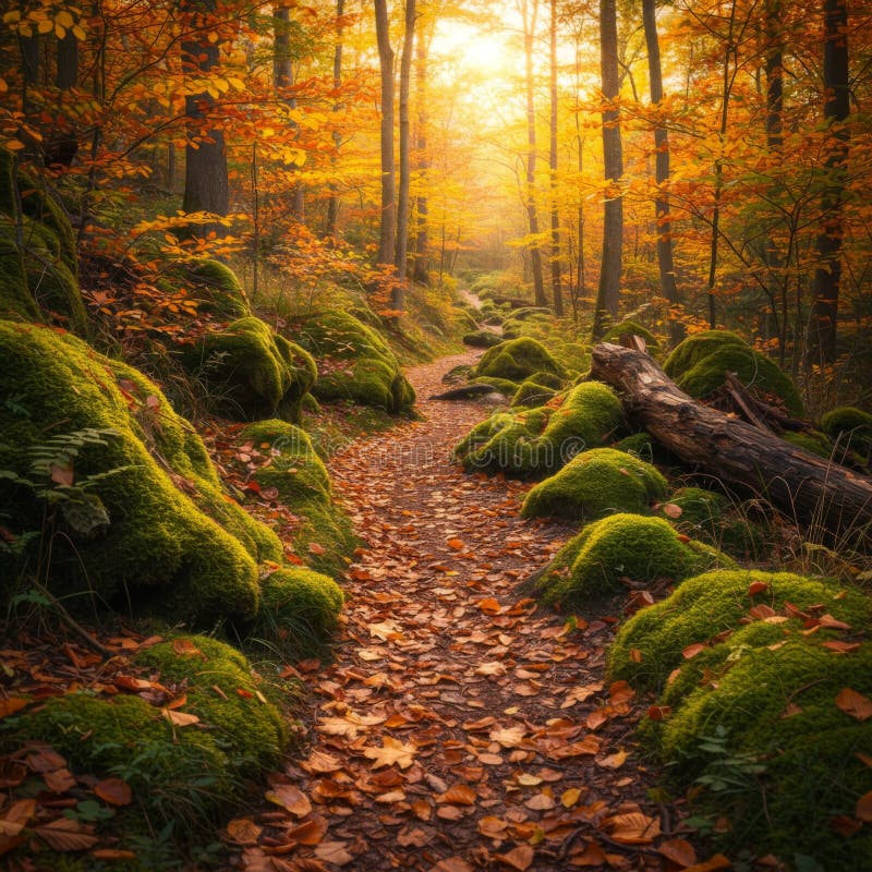 Autumn Forest Path with Sunlight and Mossy Rocks Stock Illustration ...