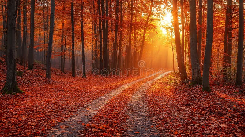 Autumn Forest Path Sunset: Golden Hour in Fall Woods High Quality Image ...