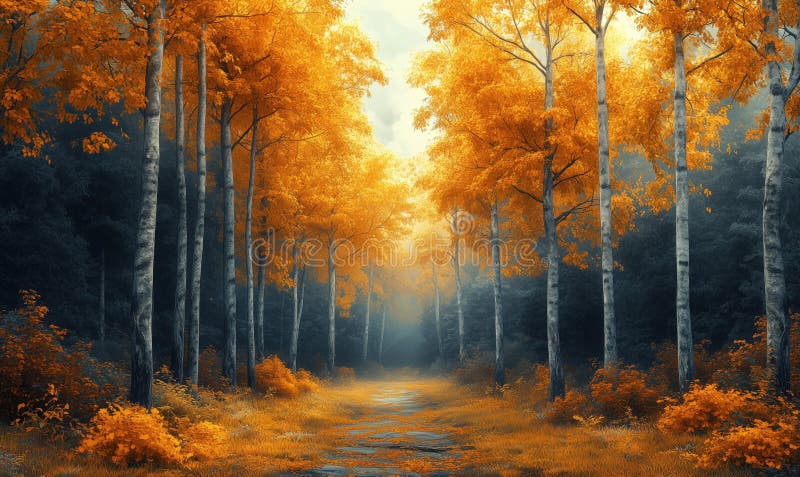Autumn Forest Path with Vibrant Orange Foliage and Misty Atmosphere ...