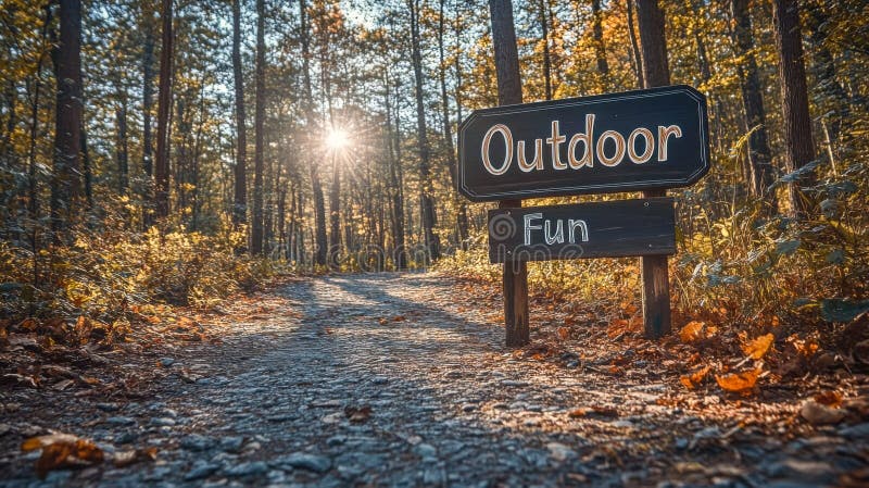 Autumn Forest Pathway with Outdoor Fun Sign and Sunlight through Trees ...