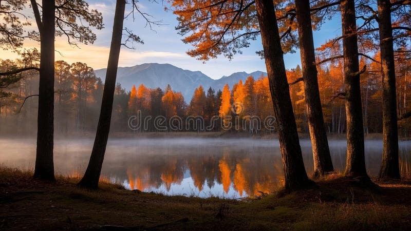 The Autumn Forest and the Peaceful Lake Surface at Sunrise Complement ...