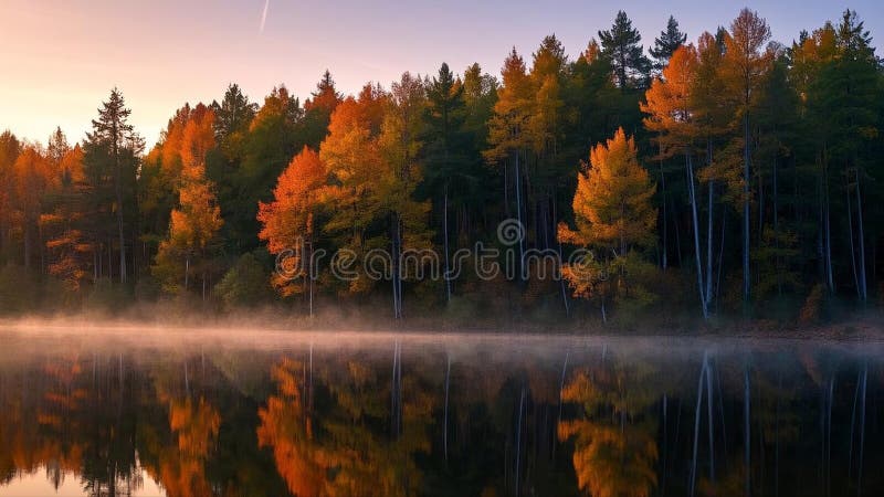 The Autumn Forest and the Peaceful Lake Surface at Sunrise Complement ...