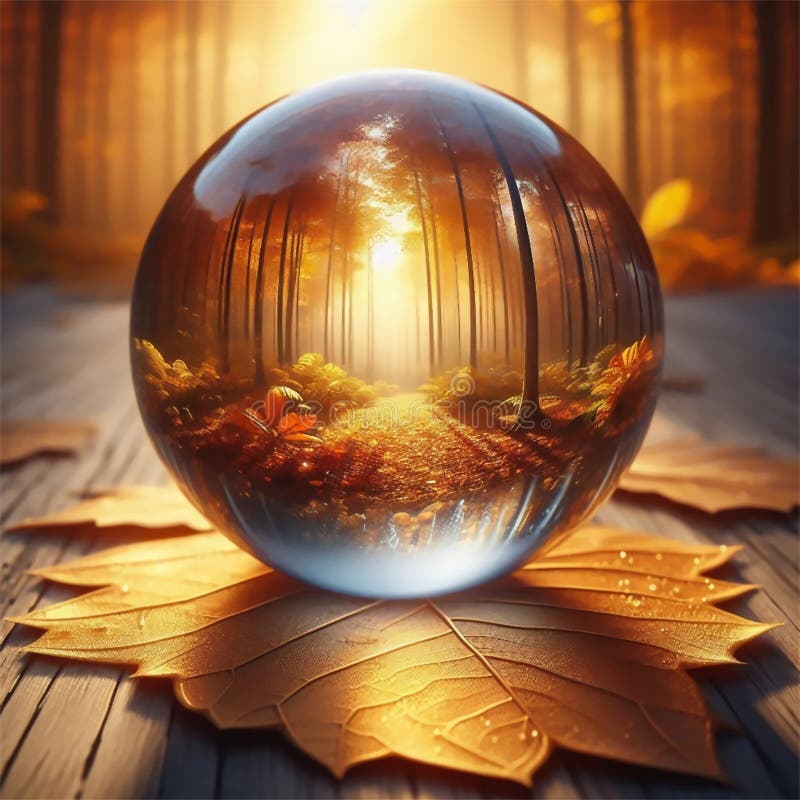 Autumn Forest Reflection in Glass Sphere on Golden Leaf Stock ...