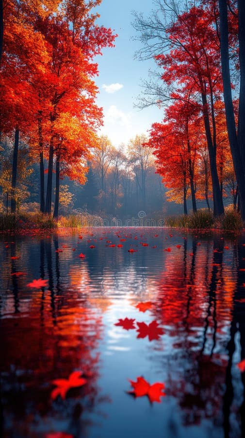 Autumn Forest Reflection in Still Water - 3D Illustration Stock ...