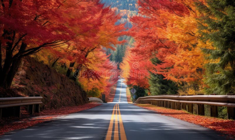 Autumn Forest Road with Red Leaves. Generative AI Stock Illustration ...