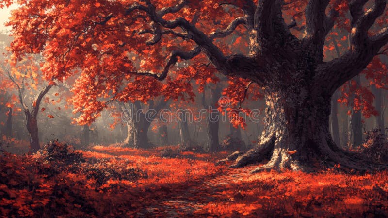 Autumn Forest Scene with Red Leaves and Sunlight Stock Illustration ...