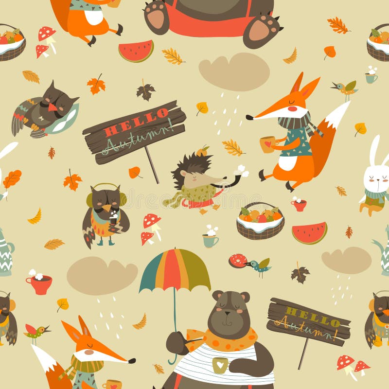 Autumn Forest Seamless Pattern with Cute Animals Stock Vector ...