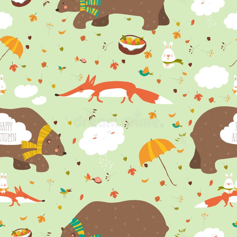 Autumn Forest Seamless Pattern with Cute Animals Stock Vector ...