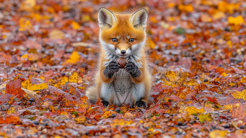In an Autumn Forest Setting, a Cute Red Fox Kit Grasping a Pinecone is ...