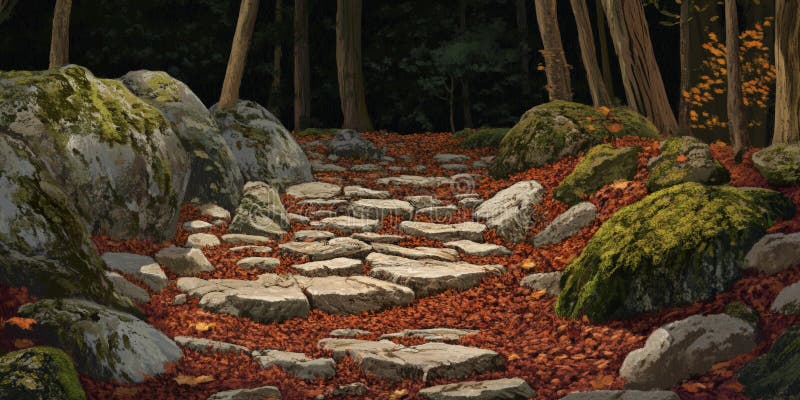 Autumn Forest Stone Path Background with Moss-covered Rocks and Fallen ...