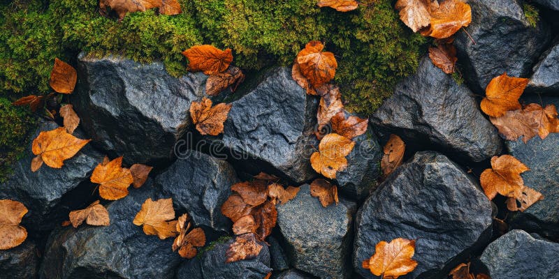 Autumn Forest Stone Path Background with Moss-covered Rocks and Fallen ...