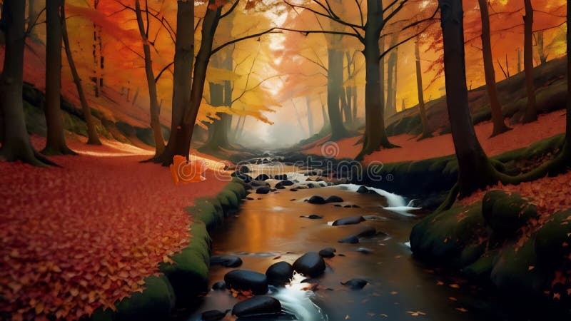 Autumn Forest with Stream Falling Leaves 4K Loop Stock Footage - Video ...