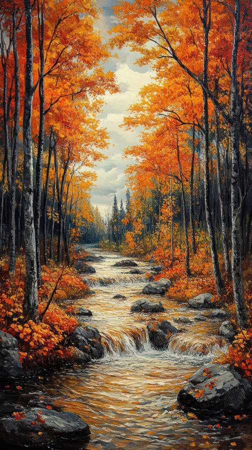 Autumn Forest Stream with Orange Leaves - Illustration Stock ...