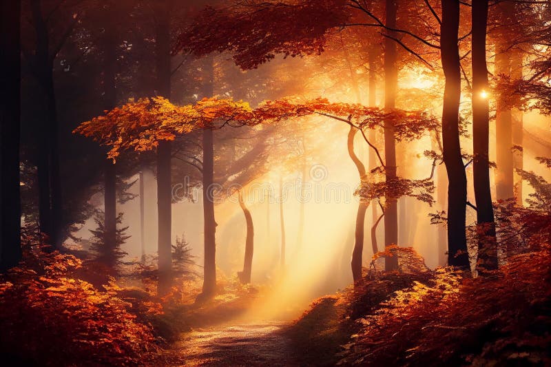 Autumn Forest with Sun Rays in the Evening Trees in Fog , (Created with ...