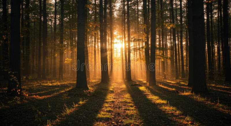 Autumn Forest Sunset with Golden Sunbeams and Misty Path Stock ...