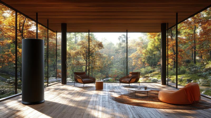Autumn Forest View Living Room Design Stock Photo - Image of living ...