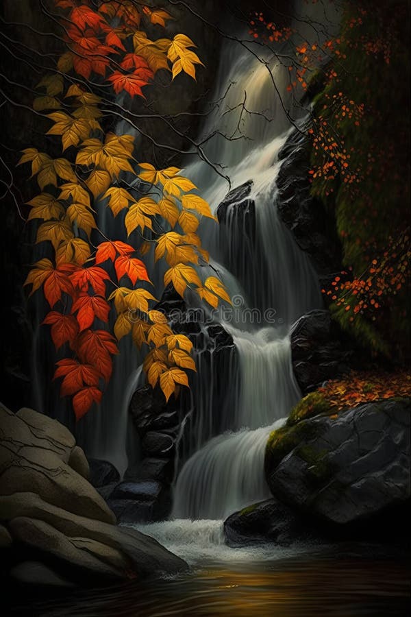 Autumn Forest Waterfall with Colorful Leaves, 3d Rendering. Computer ...