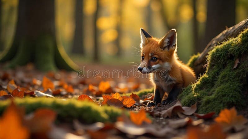 Autumn Fox in the Forest with Sunlight Filtering through Trees Stock ...