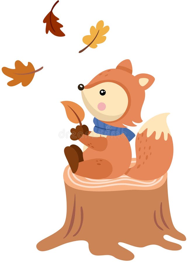 Autumn Fox Playing with Leaves on Top of Tree Trunk Stock Illustration ...