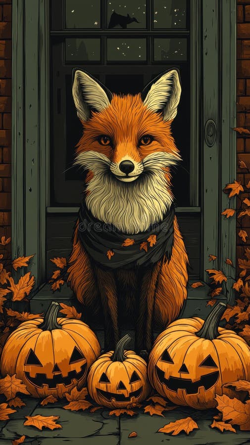 Autumn Fox with Pumpkin Jack-O -Lanterns on Front Porch Halloween ...